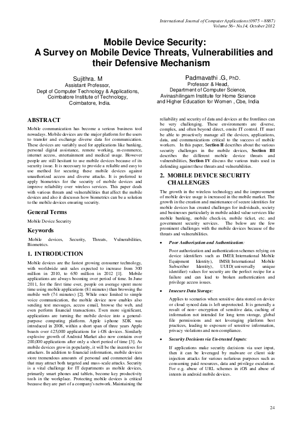 Pdf Mobile Device Security A Survey On Mobile Device Threats Vulnerabilities And Their