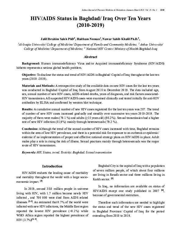 (PDF) HIV/AIDS Status in Baghdad/ Iraq Over Ten Years (2010-2019)