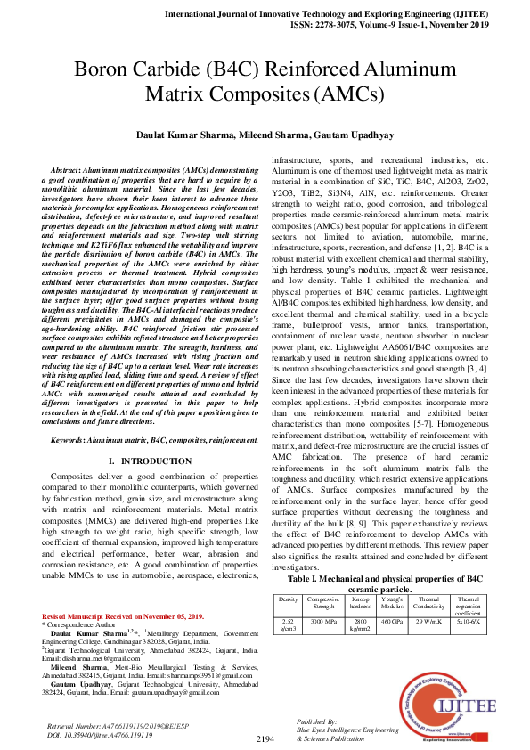 (PDF) Boron Carbide (B4C) Reinforced Aluminum Matrix Composites (AMCs)
