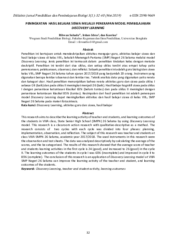 (PDF) Peningkatan Hasil Belajar Siswa Melalui Penerapan Model Pembelajaran Discovery Learning