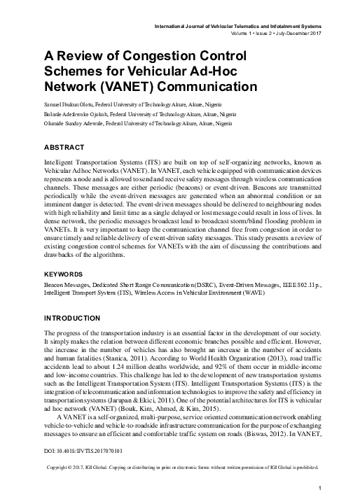 Pdf A Review Of Congestion Control Schemes For Vehicular Ad Hoc Network Vanet Communication