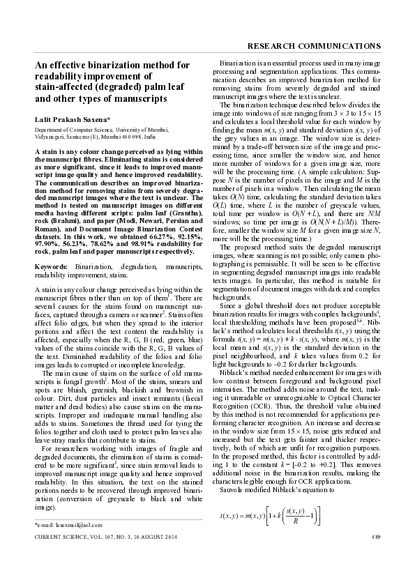 (PDF) An Effective Binarization Method for Readability Improvement of Stain-Affected (degraded ...