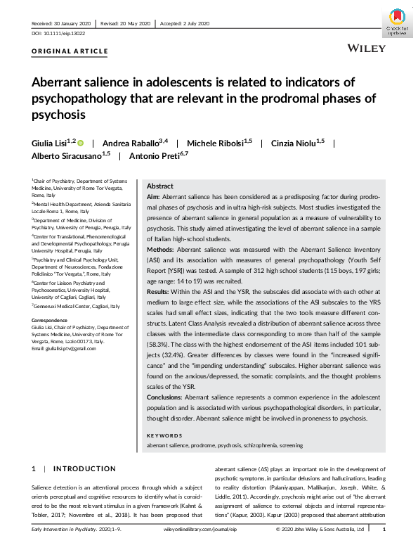 (PDF) Aberrant salience in adolescents is related to indicators of ...