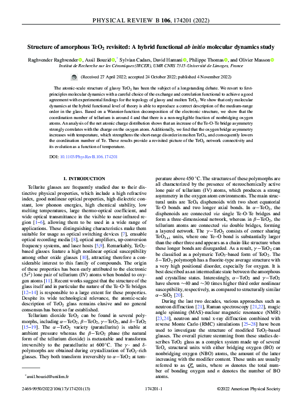 (PDF) Structure of amorphous TeO2 revisited: A hybrid functional ab ...