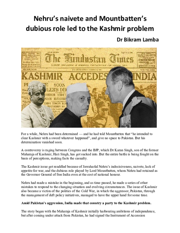 (DOC) Nehru's naivete and Mountbatten's dubious role led to the Kashmir ...