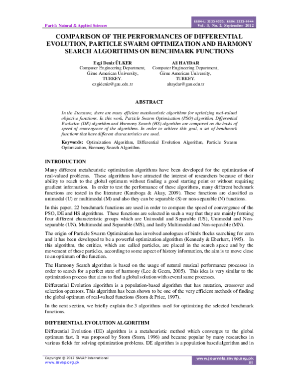 Pdf Comparison Of The Performances Of Differential Evolution Particle Swarm Optimization And