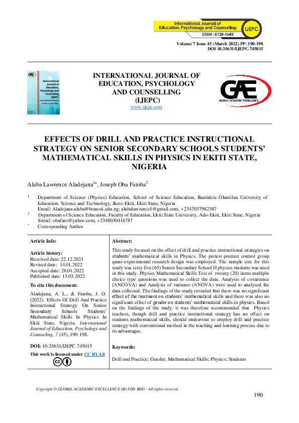 (PDF) Effects of Drill and Practice Instructional Strategy on Senior Secondary Schools Students ...