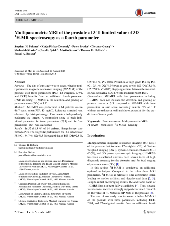 (PDF) Multiparametric MRI of the prostate at 3 T: limited value of 3D (1)H-MR spectroscopy as a ...