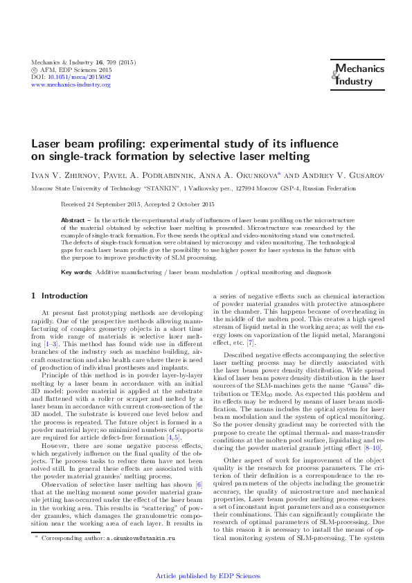 (PDF) Laser beam profiling: experimental study of its influence on single-track formation by ...