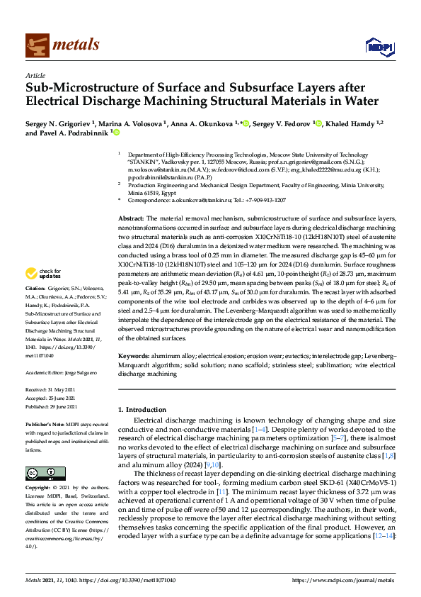 (PDF) Sub-Microstructure of Surface and Subsurface Layers after Electrical Discharge Machining ...