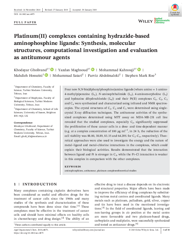(PDF) Platinum(II) complexes containing hydrazide‐based aminophosphine ...