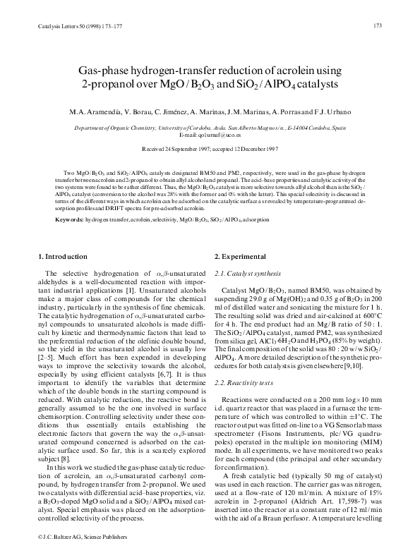 (PDF) Gas-phase hydrogen-transfer reduction of acrolein using 2-propanol over MgO/B2O3 and SiO2 ...
