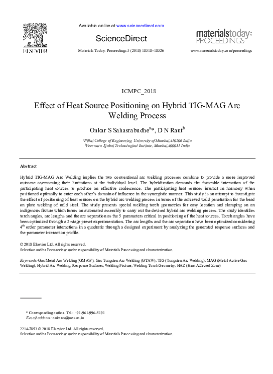 (PDF) Effect of Heat Source Positioning on Hybrid TIG-MAG Arc Welding ...