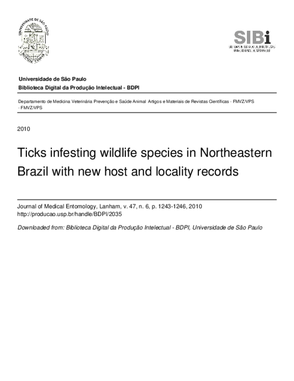 (PDF) Ticks Infesting Wildlife Species in Northeastern Brazil With New ...