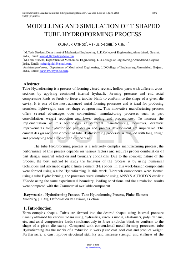(PDF) Modelling and Simulation of T Shaped Tube Hydroforming Process