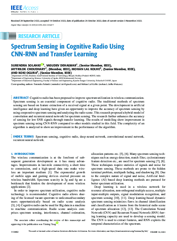 (PDF) Spectrum Sensing in Cognitive Radio Using CNN-RNN and Transfer Learning