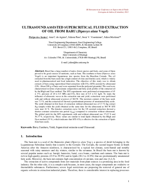 (PDF) ULTRASOUND ASSISTED SUPERCRITICAL FLUID EXTRACTION OF OIL FROM BARU ( Dipteryx alata Vogel ...