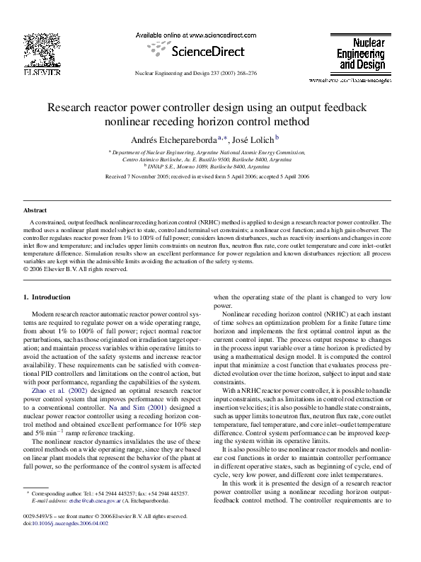 Pdf Research Reactor Power Controller Design Using An Output Feedback