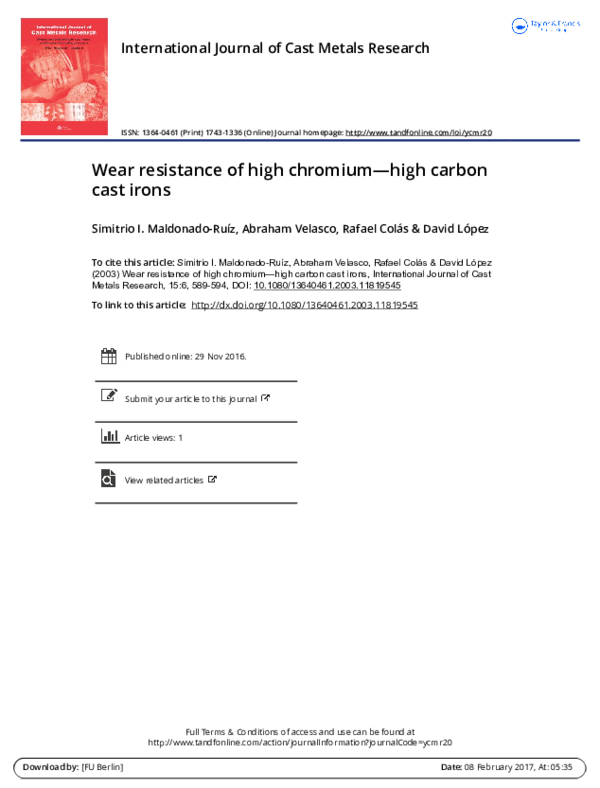 (PDF) Wear resistance of high chromium—high carbon cast irons