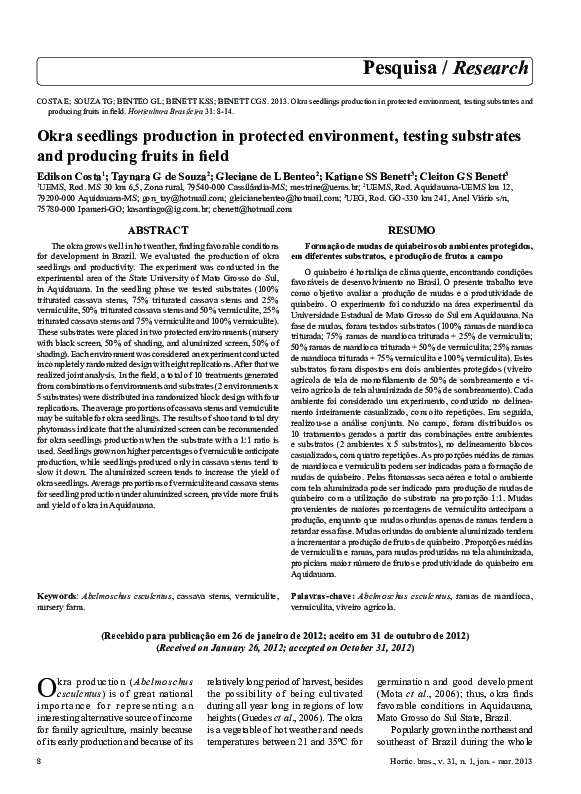 (PDF) Okra seedlings production in protected environment, testing ... (PDF) Okra seedlings production in protected environment, testing ...