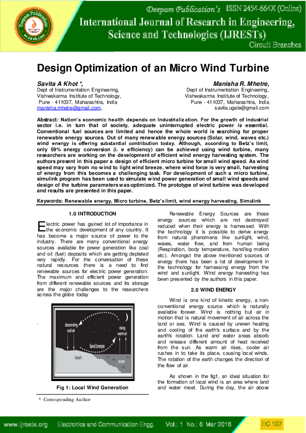 Pdf Design Optimization Of A Micro Wind Turbine Manisha Mhetre