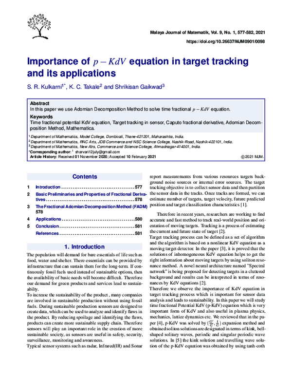 (PDF) Importance of $p-KdV$ equation in target tracking and its ...