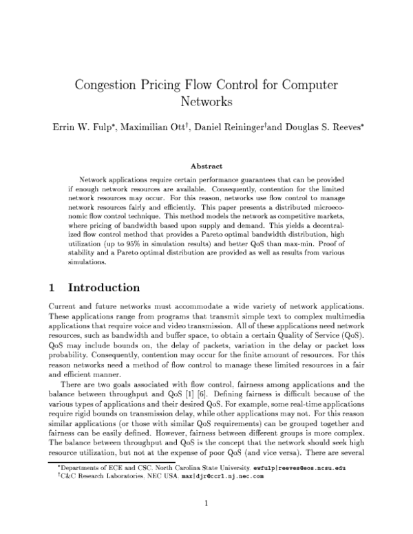 Congestion Pricing Flowcontrol For Computer Networks