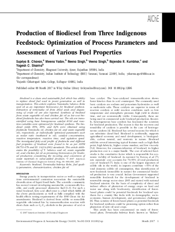 Pdf Production Of Biodiesel From Three Indigenous Feedstock