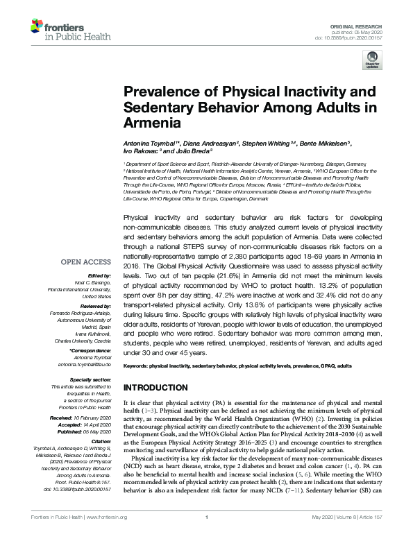 (PDF) Prevalence of Physical Inactivity and Sedentary Behavior Among Adults in Armenia