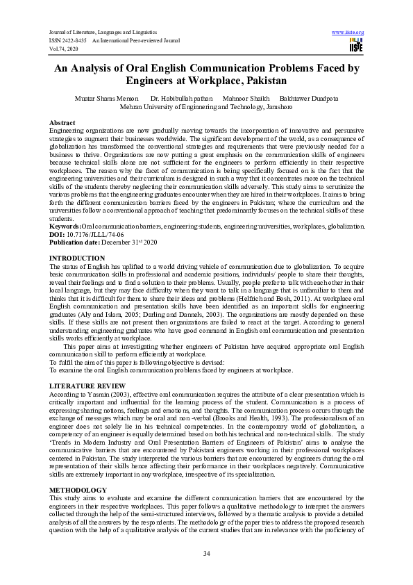 (PDF) An Analysis of Oral English Communication Problems Faced by Engineers at Workplace, Pakistan