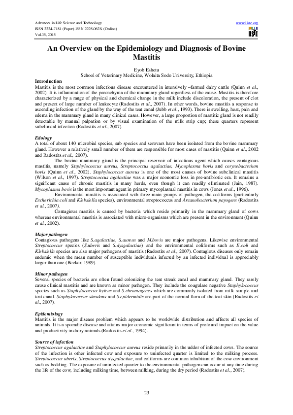 (PDF) An Overview on the Epidemiology and Diagnosis of Bovine Mastitis