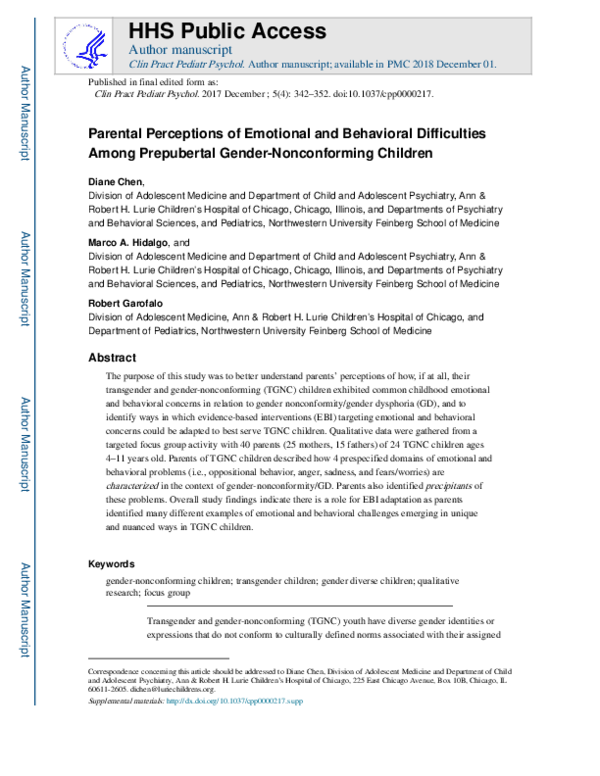 (PDF) Parental Perceptions of Emotional and Behavioral Difficulties Among Prepubertal Gender ...