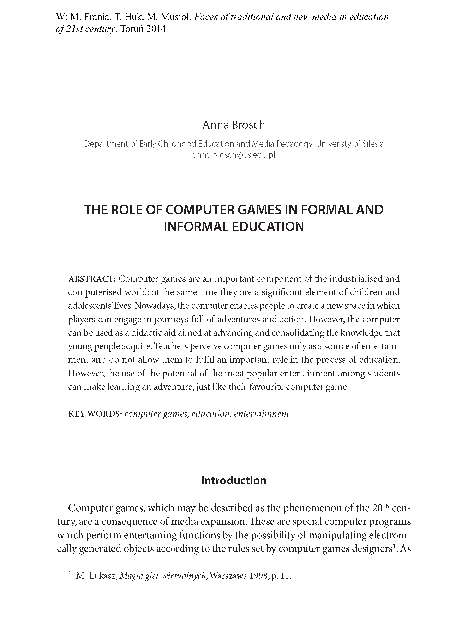 (PDF) The role of computer games in formal and informal education