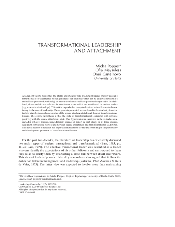 (PDF) Transformational leadership and attachment | micha popper ...