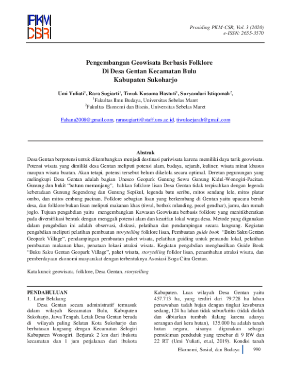 (PDF) Pengembangan Geowisata Berbasis Folklore Di Desa Gentan Kecamatan Bulu Kabupaten Sukoharjo