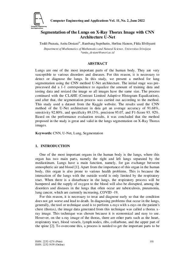 (PDF) Segmentation of the Lungs on X-Ray Thorax Images with the U-Net CNN Architecture