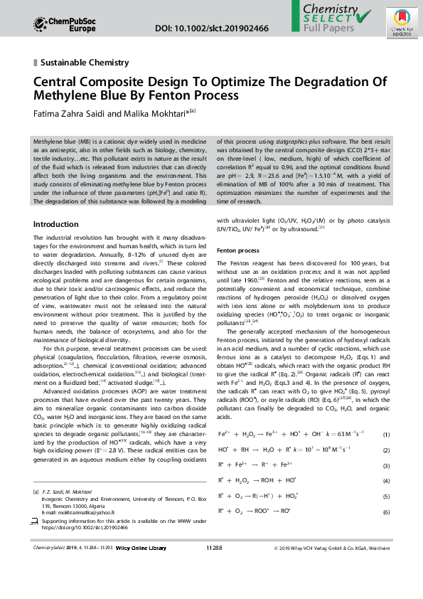 (PDF) Central Composite Design To Optimize The Degradation Of Methylene Blue By Fenton Process