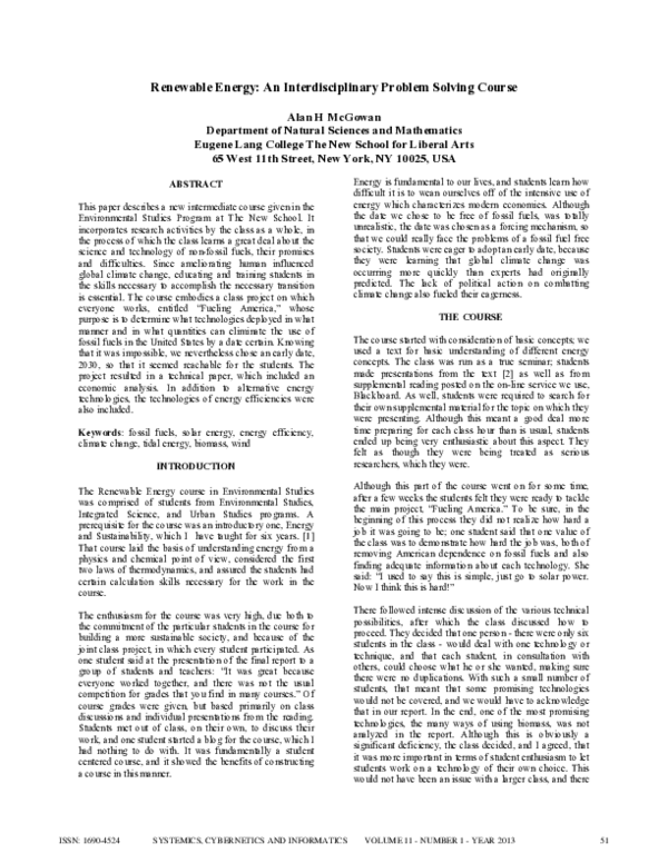 (PDF) Renewable Energy: An Interdisciplinary Problem Solving Course