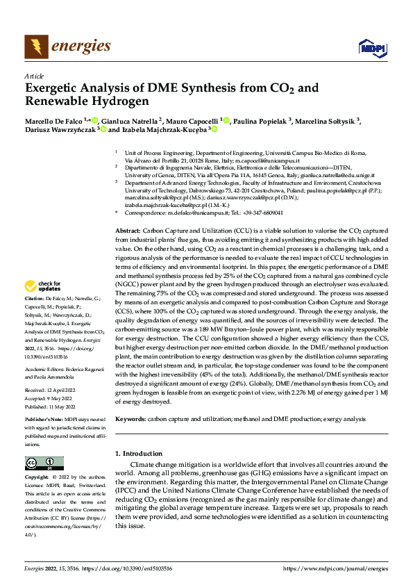 (PDF) Exergetic Analysis of DME Synthesis from CO2 and Renewable Hydrogen