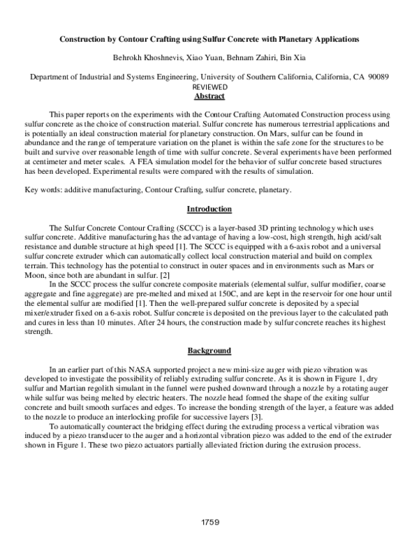 (PDF) Construction by Contour Crafting using sulfur concrete with ...