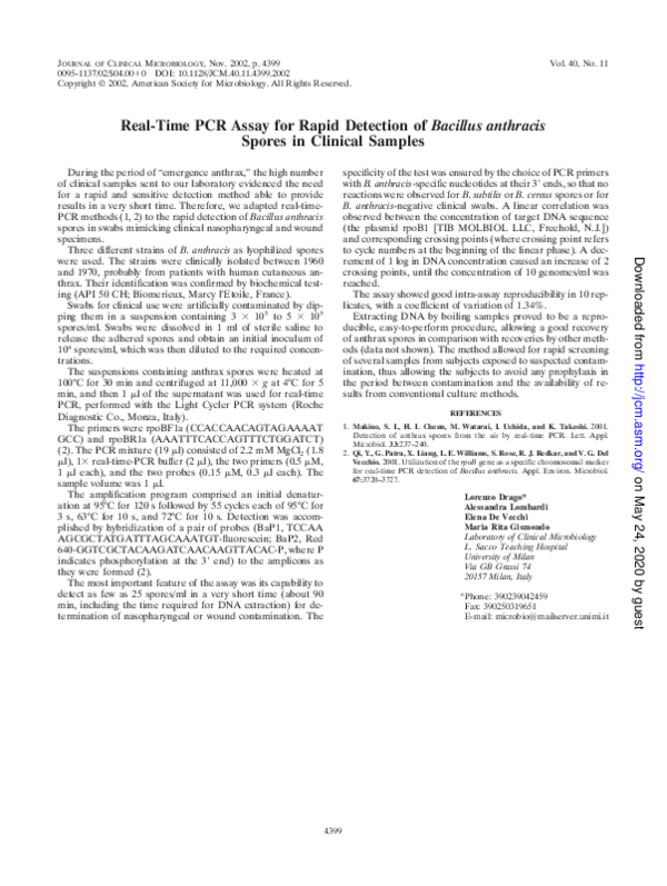 Pdf Real Time Pcr Assay For Rapid Detection Of Bacillus Anthracis Spores In Clinical Samples