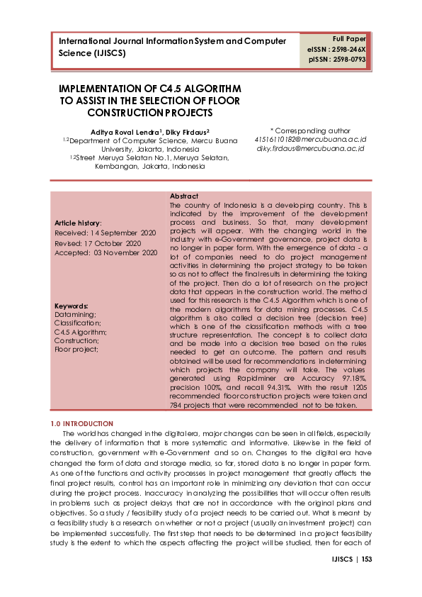 (PDF) Implementation of C4.5 Algorithm to Assist in the Selection of Floor Construction Projects