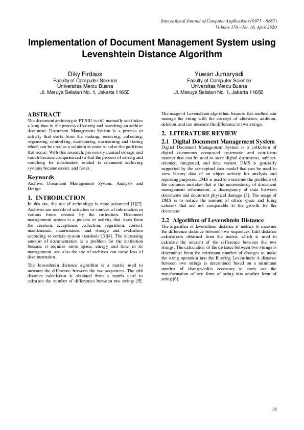 Pdf Implementation Of Document Management System Using Levenshtein Distance Algorithm