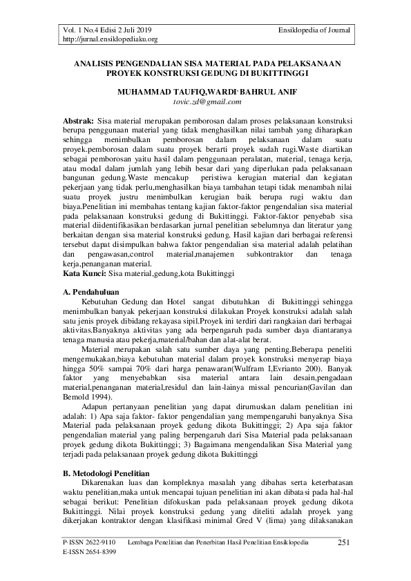 (PDF) Analisis Pengendalian Sisa Material Pada Pelaksanaan Proyek Konstruksi Gedung DI Bukittinggi