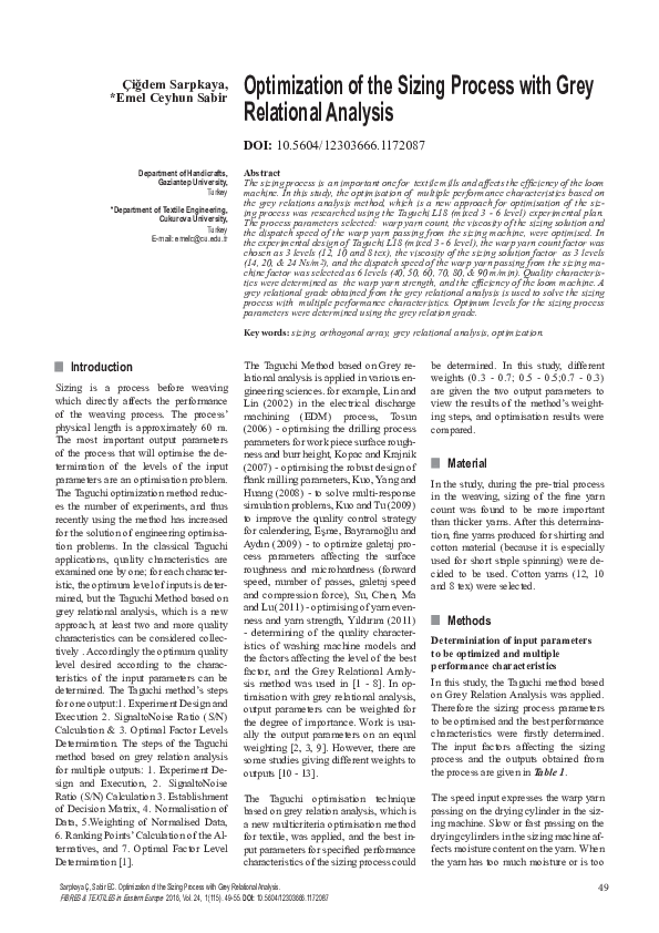 (PDF) Optimization of the Sizing Process with Grey Relational Analysis | Emel Ceyhun SABIR ...