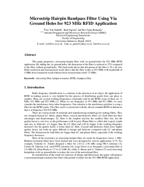 (PDF) Microstrip Hairpin Bandpass Filter Using Via Ground Holes for 923 ...