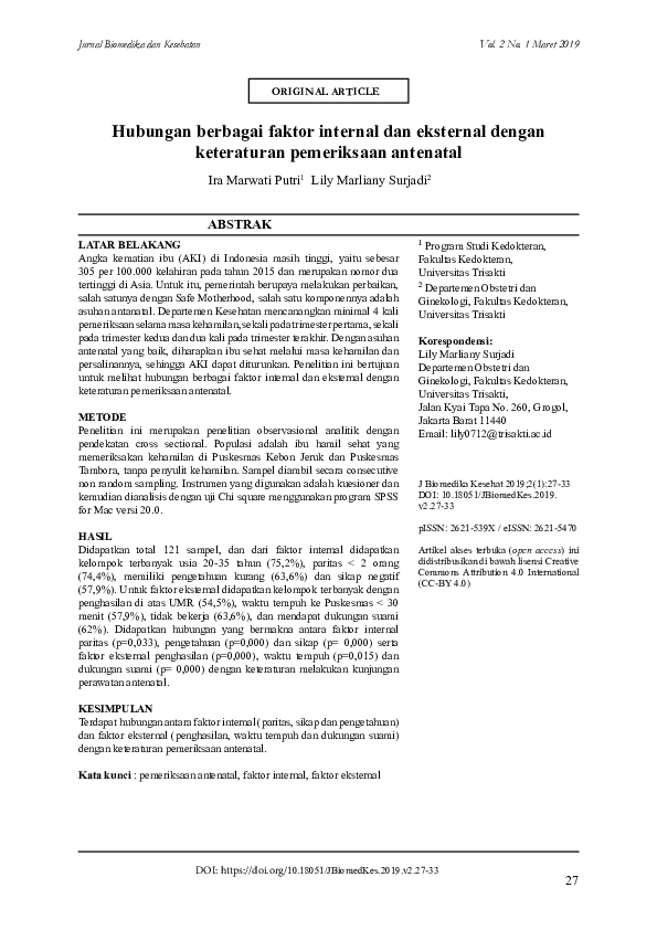 (PDF) Hubungan berbagai faktor internal dan eksternal dengan keteraturan pemeriksaan antenatal