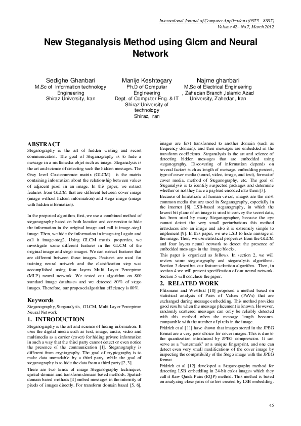 (PDF) New Steganalysis Method using GLCM and Neural Network
