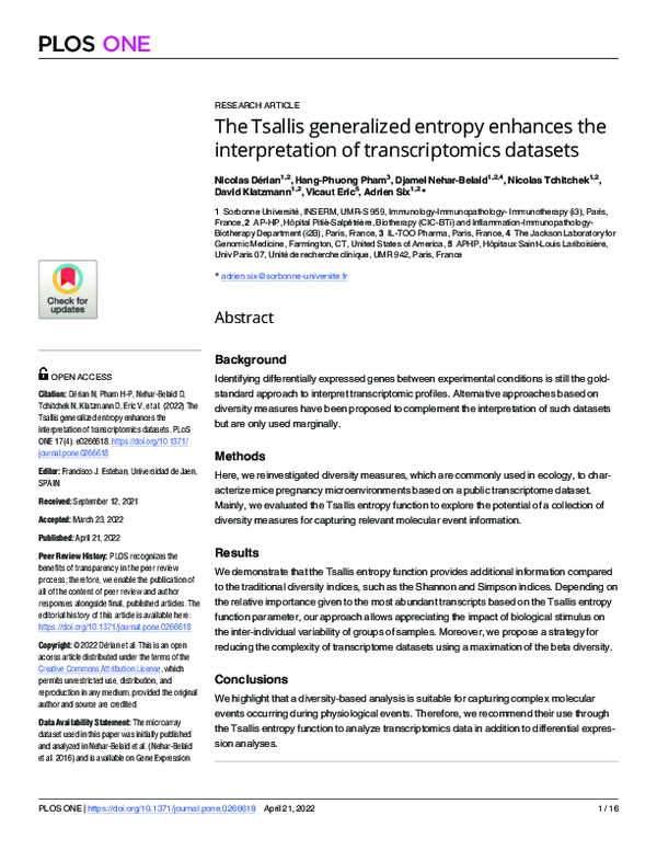 Pdf The Tsallis Generalized Entropy Enhances The Interpretation Of Transcriptomics Datasets