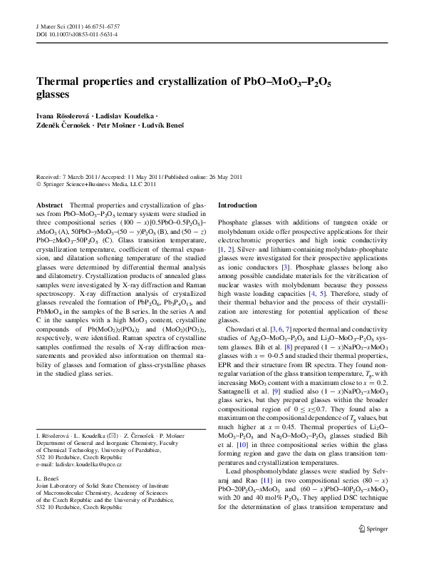 (PDF) Thermal properties and crystallization of PbO–MoO3–P2O5 glasses ...